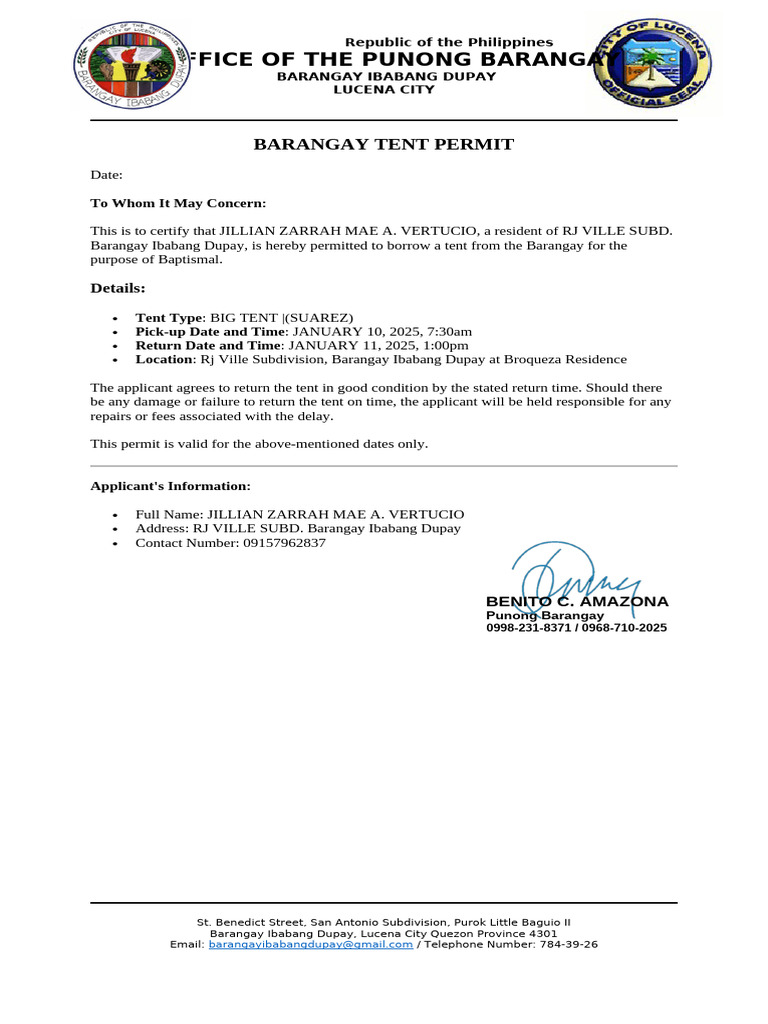 Barangay Tent Permit | PDF | Justice | Crime & Violence