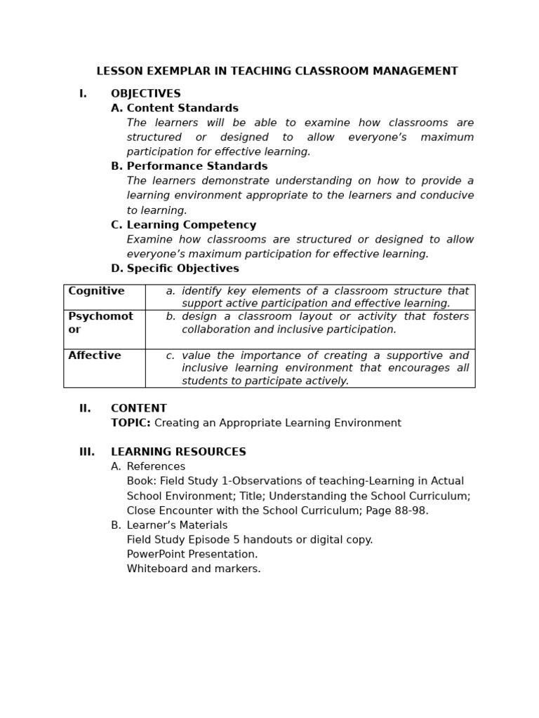 Field Study Lesson Plan - Learning Environment | PDF | Learning | Classroom