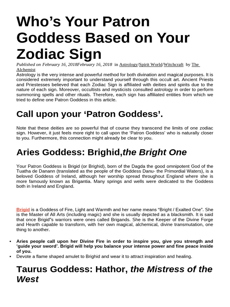Zodiac Signs and Their Patron Goddesses | PDF | Hera | Hades