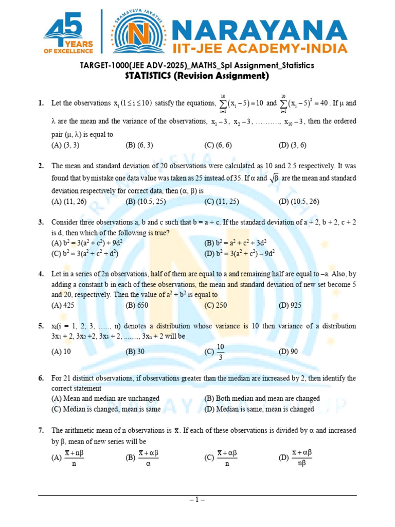 TARGET-1000 (JEE ADV-2025) - MATHS - SPL Assignment - Statistics | PDF ...