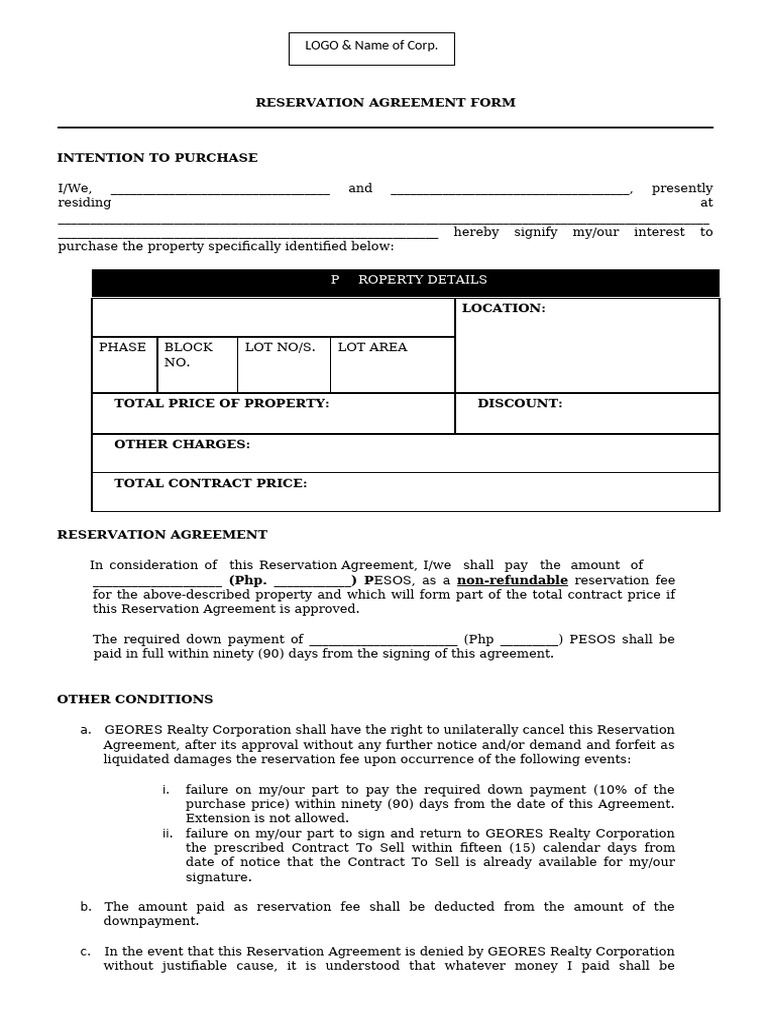 Geores Reservation Agreement Form | PDF | Fee | Prices