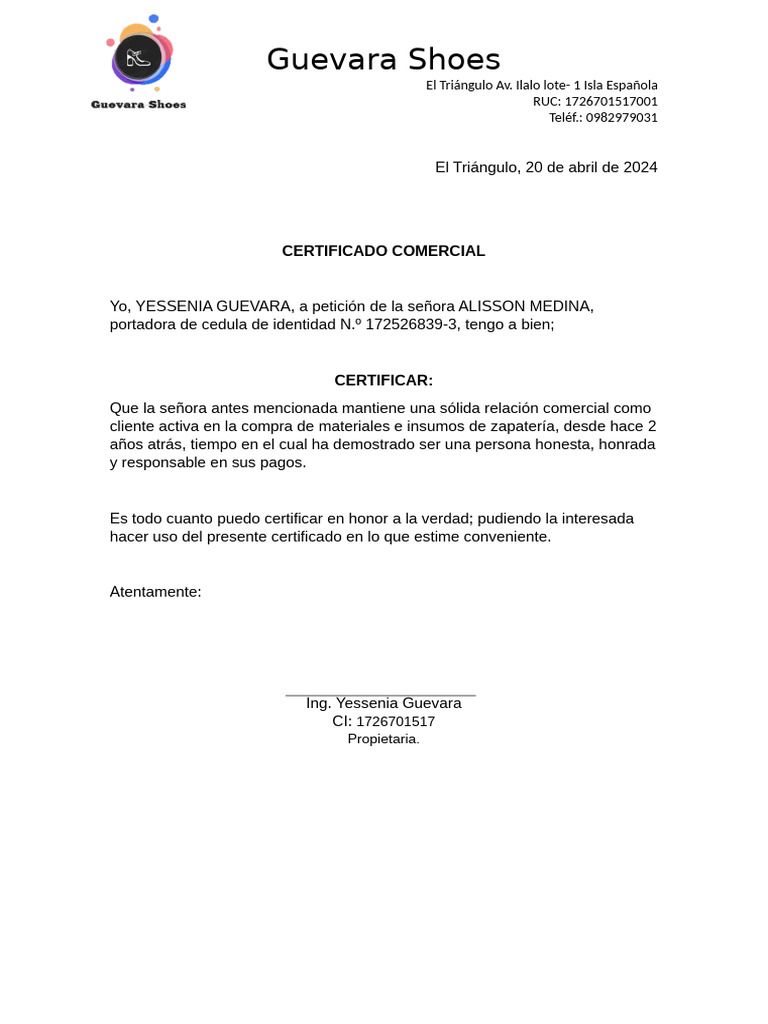 Certificado Comercial Alisson Medina | PDF