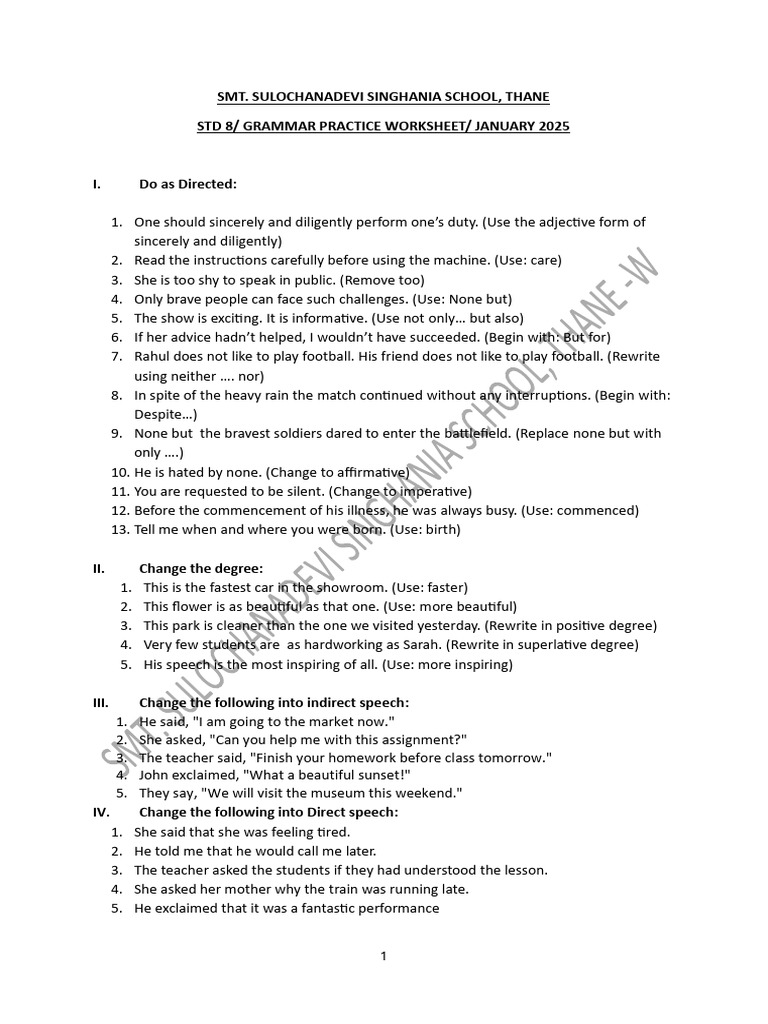 STD 8 English Gammar Worksheet Jan 2025 | PDF