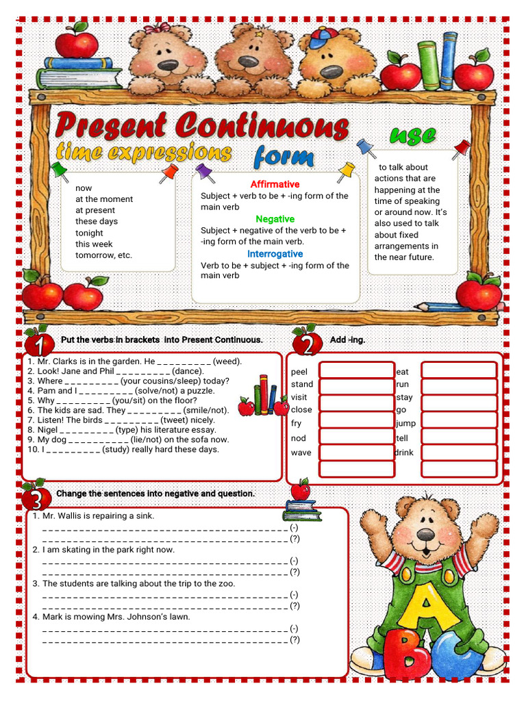 Present Continuous Tense Fun Activities Games Grammar Drills Grammar ...