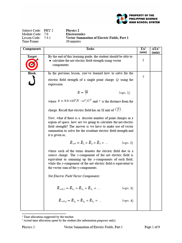 SLG - Phy 2 - Module 7.0 - Lesson 7.4.1 Vector Summation of Electric Fields, Part 1 | PDF ...