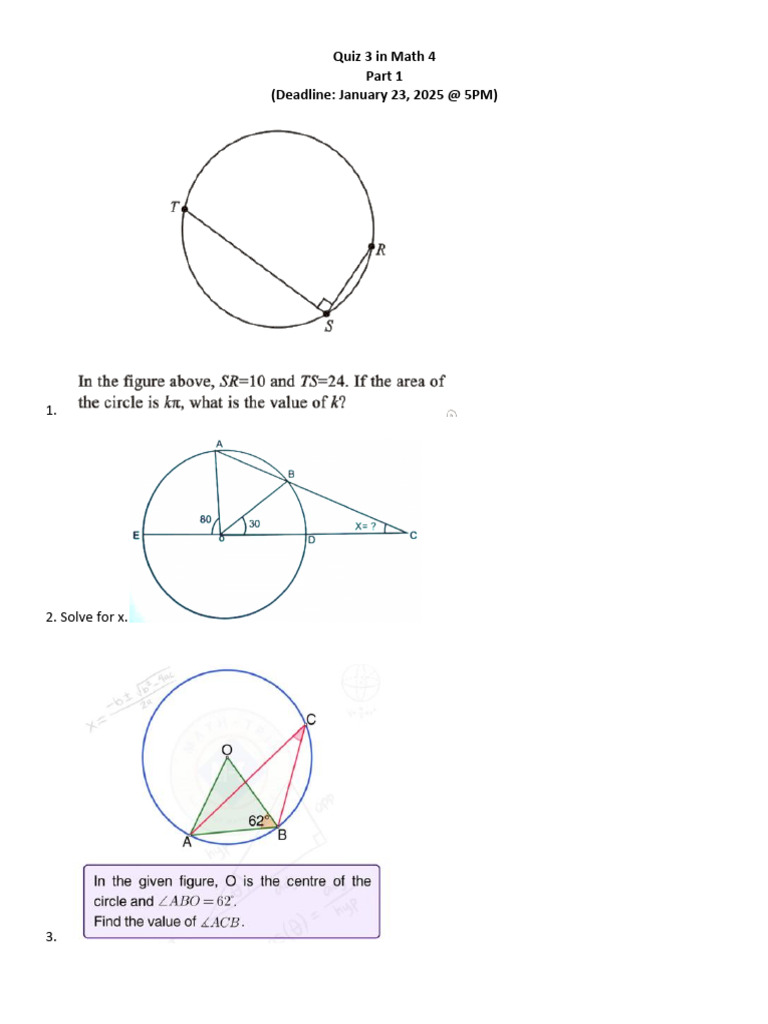 Math 4 Quiz 3: Solve for x and Angles | PDF