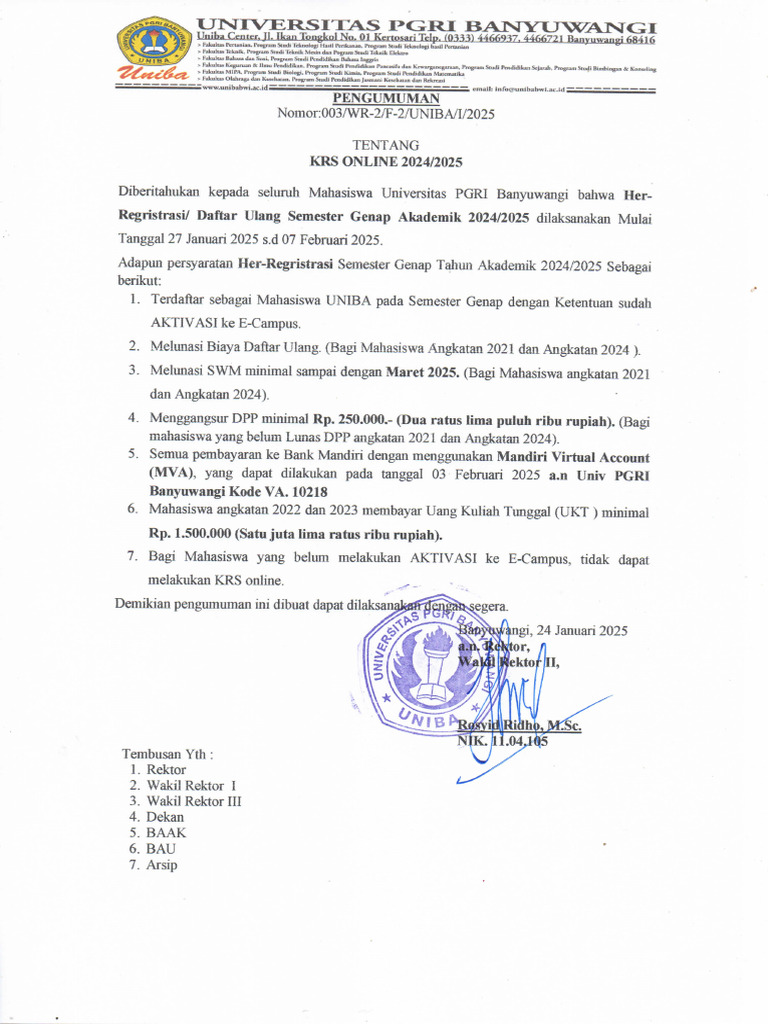 003-Wr-2-F-2-Uniba-I-2025-Pengumuman KRS Online Semester Genap 2024-2025 | PDF