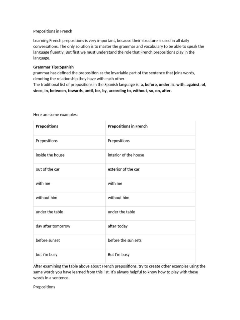 The Prepositions in French | PDF | Spanish Language | French Language