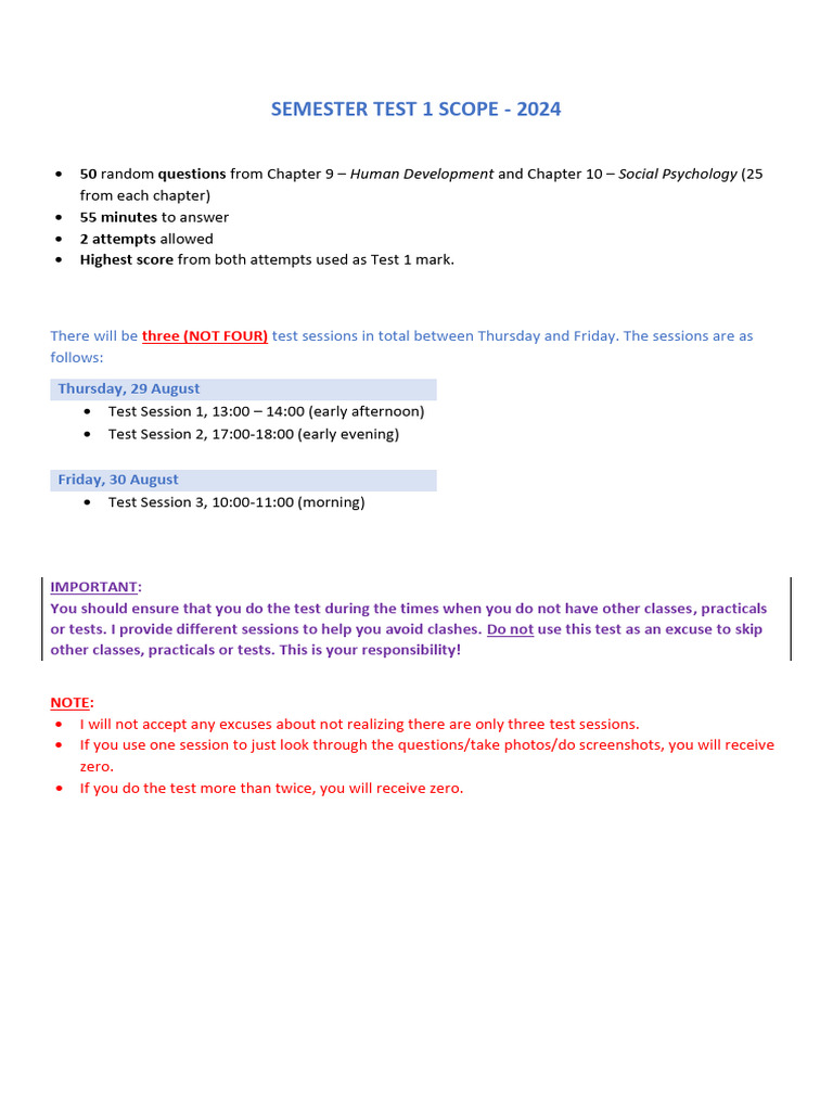 SEMESTER TEST 1 SCOPE-2024 | PDF | Developmental Psychology | Conformity