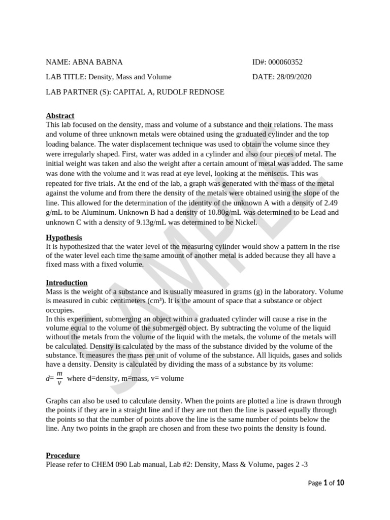 SAMPLE LAB REPORT CHEM090 (2) | PDF | Density | Volume