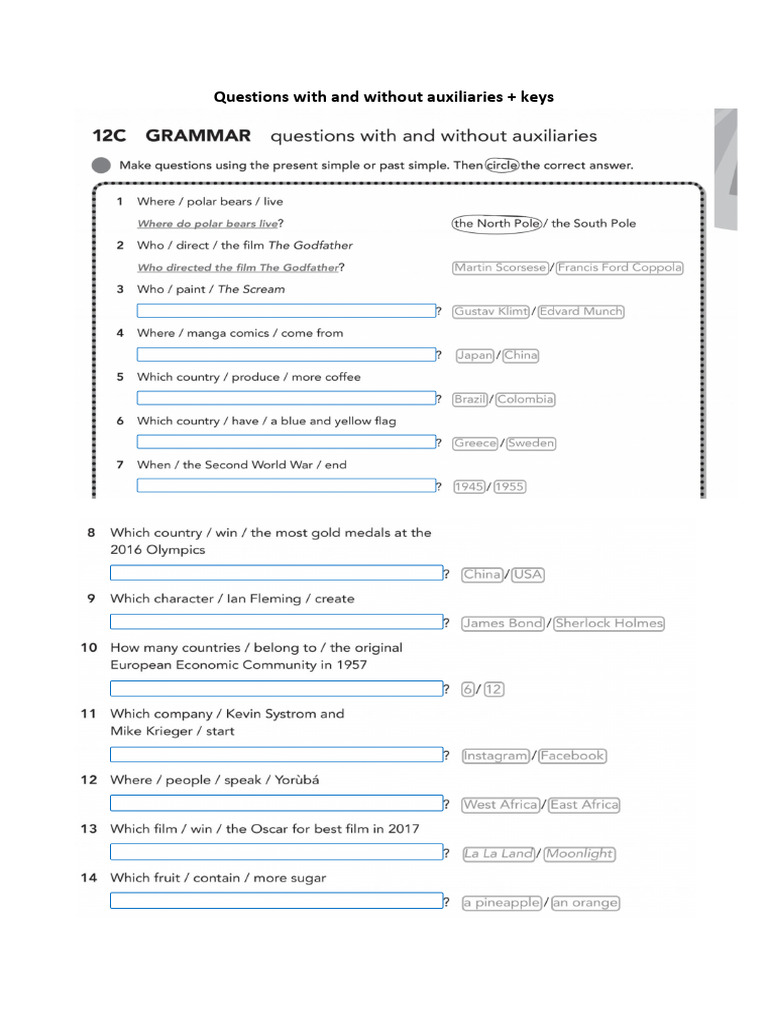 Questions With and Without Auxiliaries-Homework | PDF