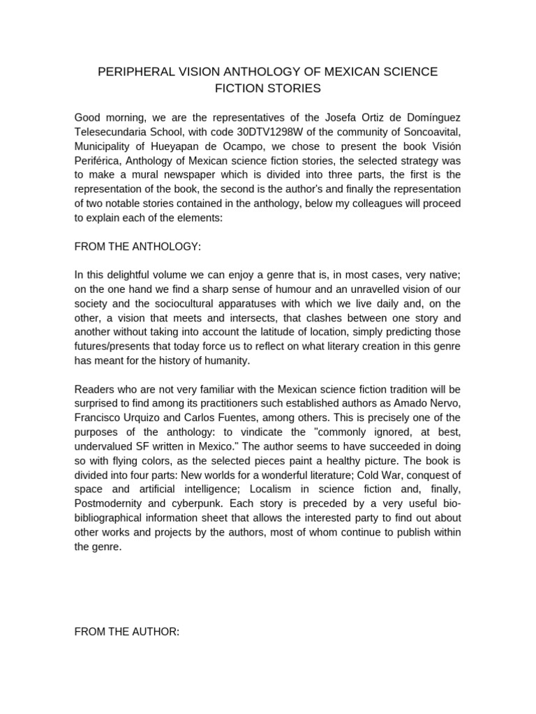 "PERIPHERAL VISION ANTHOLOGY OF MEXICAN SCIENCE FICTION SHORT STORIES ...