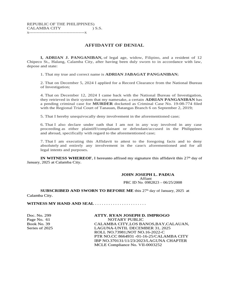Affidavit of Denial-Nbi | PDF | Affidavit | Public Law