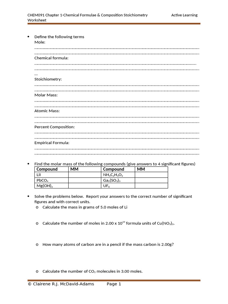 CHEM091 Active Learning 1 - Composition Stoichiometry | PDF ...