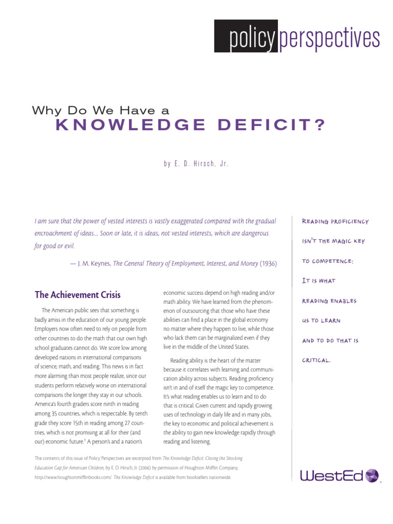 Hirsch Knowledge Deficit | PDF | Reading Comprehension | No Child Left Behind Act