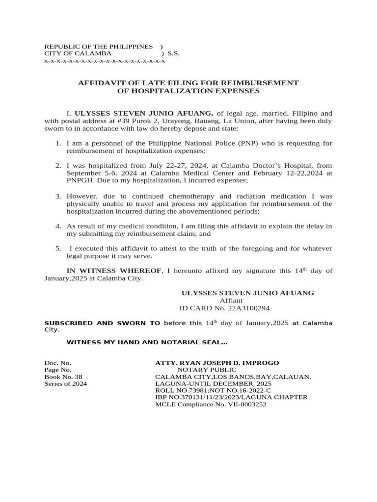 Affidavit of Late Filing For Reimbursement | PDF