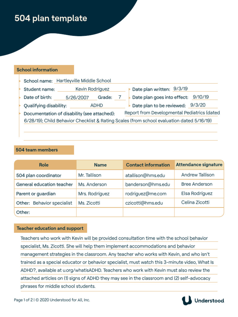 504 Sample Plan Printable ENG D4 | PDF | Teachers | Attention Deficit ...