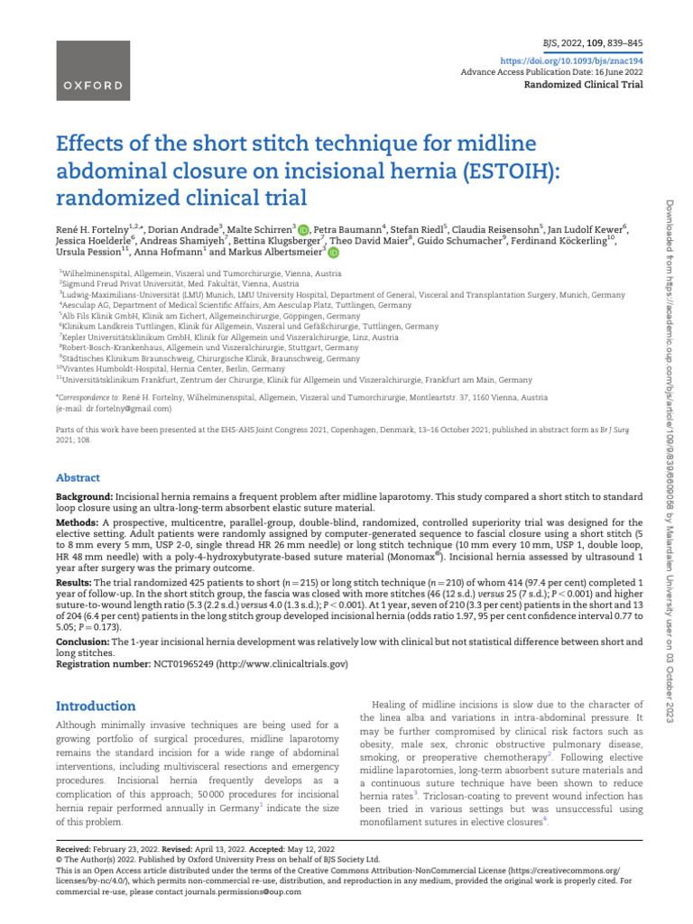 Effects of The Short Stitch Technique For Midline Abdominal Closure On ...