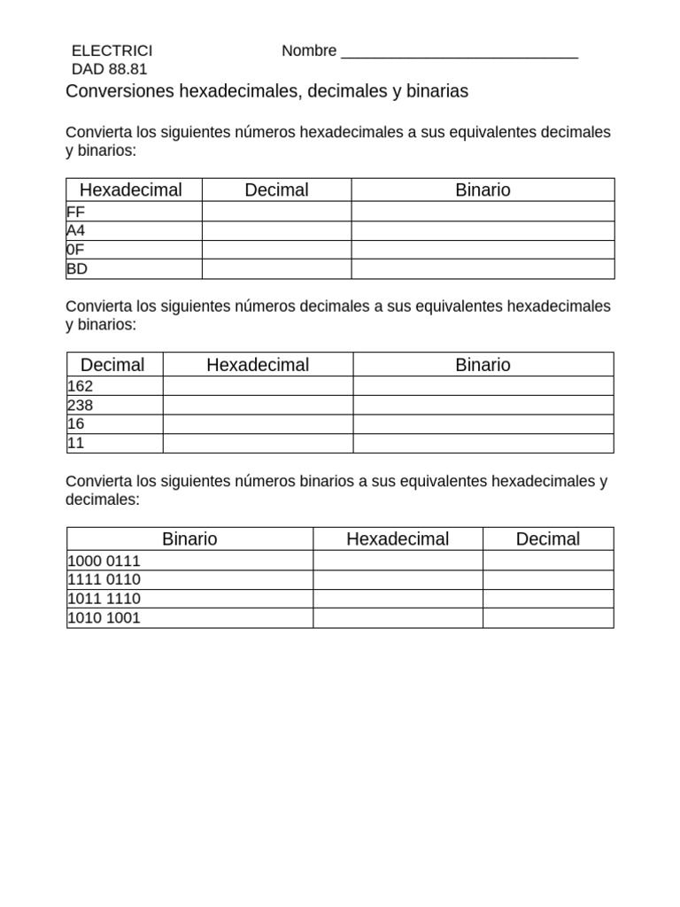Hoja de Trabajo de Conversión Binario-Decimal-Hexadecimal | PDF | Gottfried Wilhelm Leibniz ...
