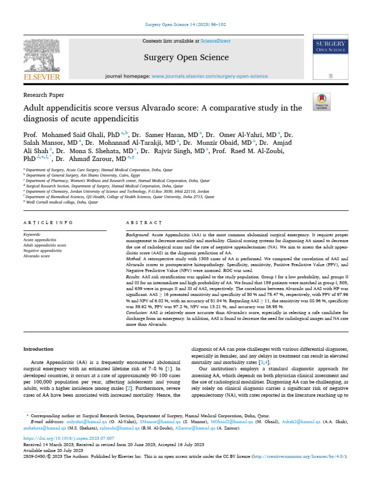 Adult Appendicitis Score Versus Alvarado Score - Surgery Open Science ...
