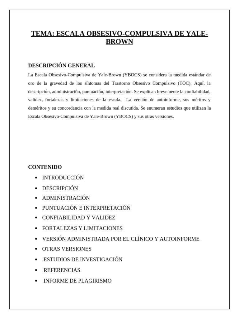 Escala de Yale-Brown de Trastorno Obsesivo-Compulsivo | PDF | Desorden obsesivo compulsivo ...