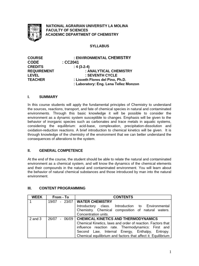 Environmental Chemistry Course Syllabus | PDF | Chemical Equilibrium ...
