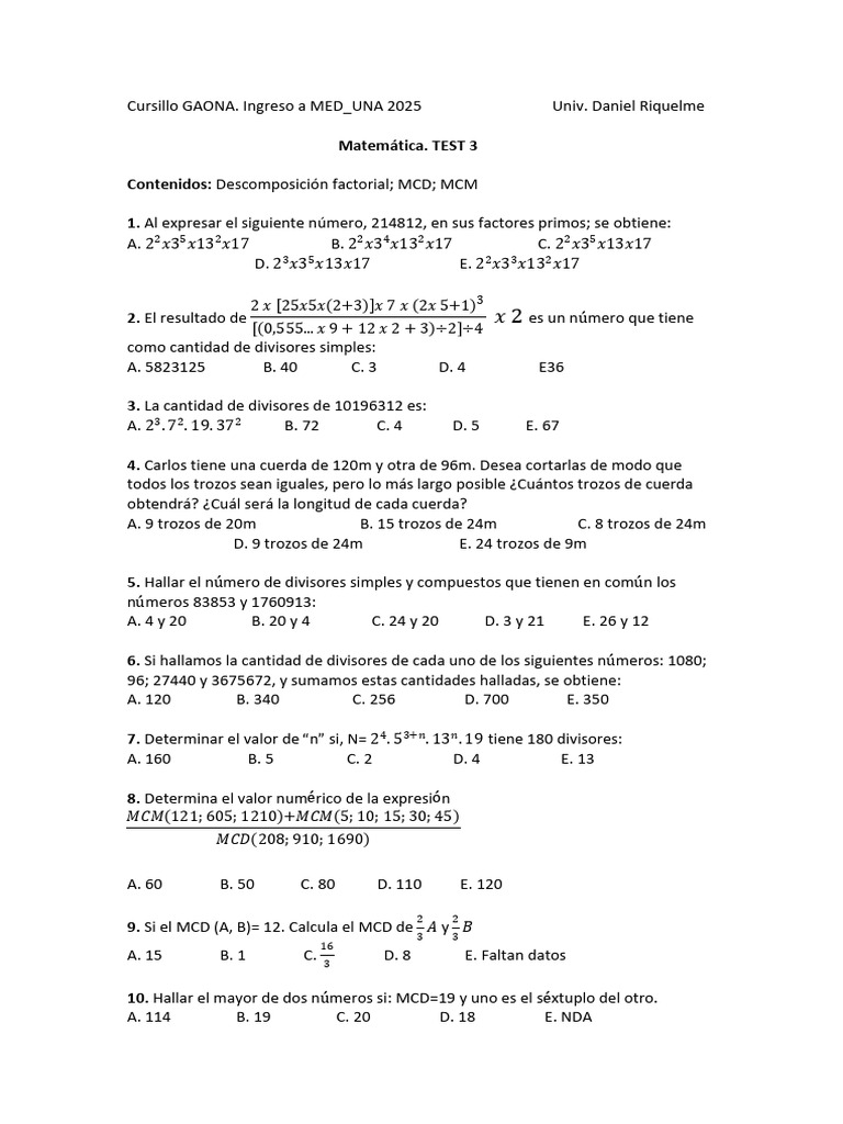Test 3 Matemática | PDF | Matemáticas discretas | Teoría de los números