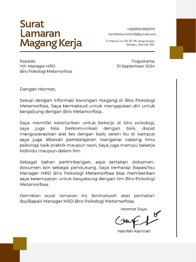 Surat Lamaran Magang - Hanifah Kamilah - Compressed | PDF