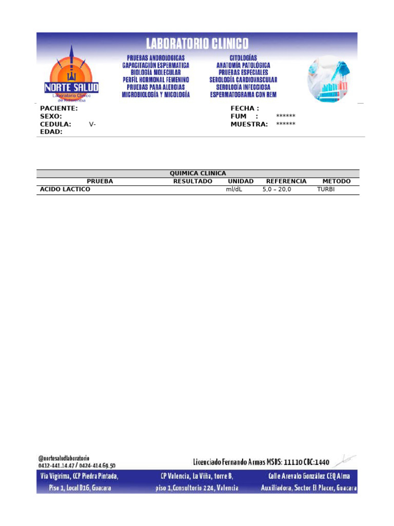Resultados de Química Clínica: Ácido Láctico | PDF