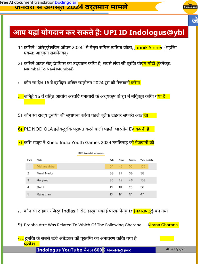 Jan To August 2024 Current Affairs Marathon - 1 - Hib - Doclingo - Ai Hindi | PDF