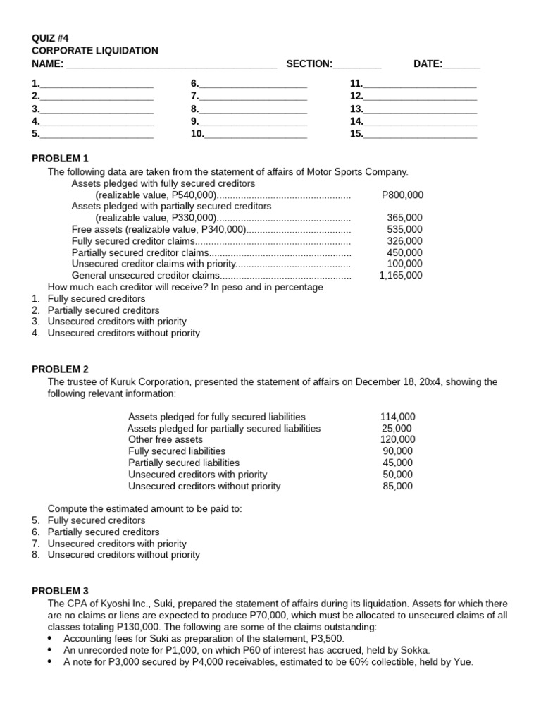 6.2. Quiz, Corporate Liquidation Set B | PDF | Unsecured Debt ...