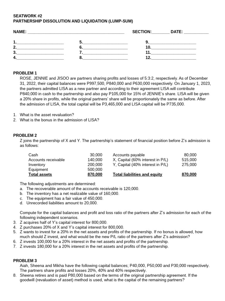 4.2. Seatwork, Partnership Dissolution and Liquidation (Lump-sum) Set b ...