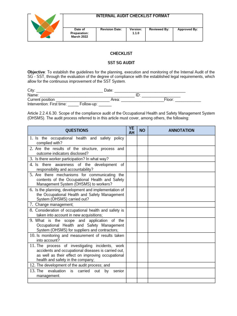 INTERNAL AUDIT CHECKLIST FORMAT | PDF | Audit | Occupational Safety And Health