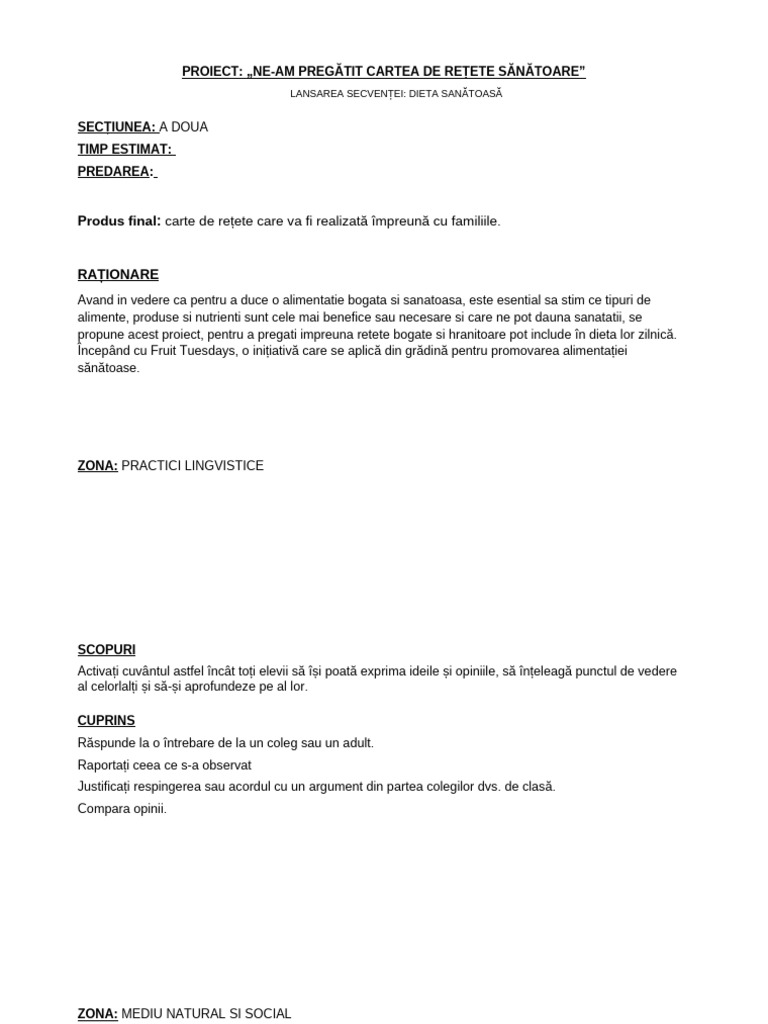PROIECTUL_NOU ELABORĂM CĂRȚEA NOASTRĂ DE REȚETE SĂNĂTOASE | PDF