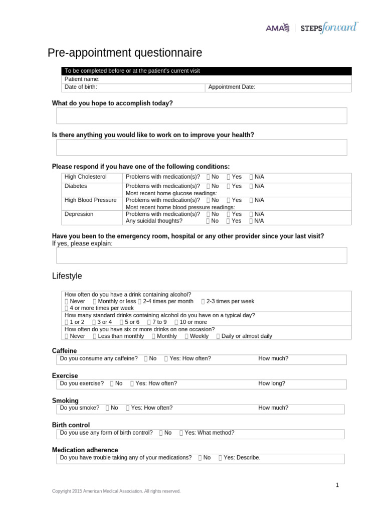Pre Appointment Questionaire | PDF | Diseases And Disorders | Clinical ...