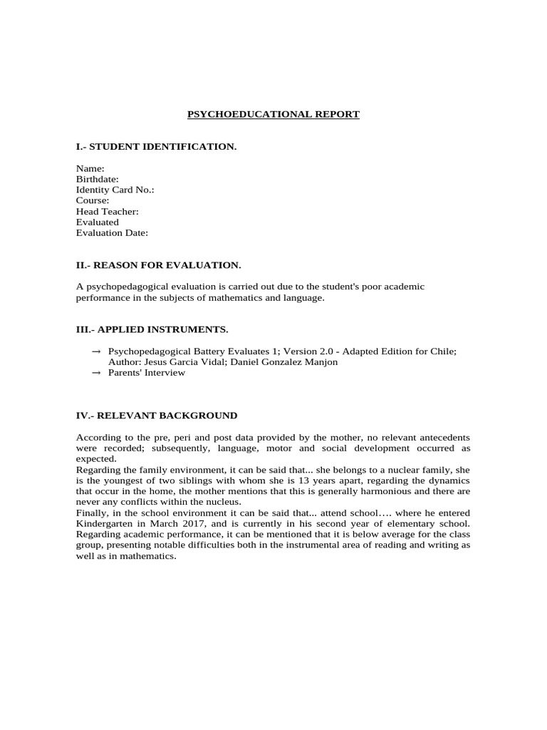 Example of Psychopedagogical Report Evaluates 2.0 | PDF | Perception ...