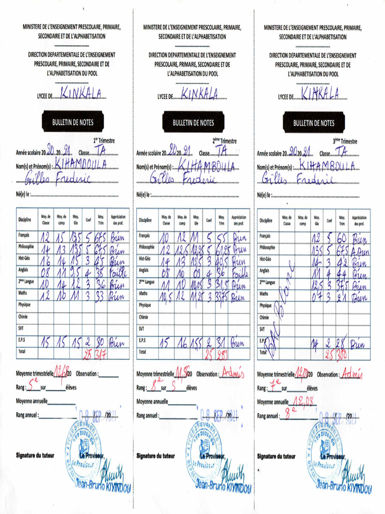 Bulletin des notes Terminale (KIHAMBOULA Gilles)-Pivoté | PDF
