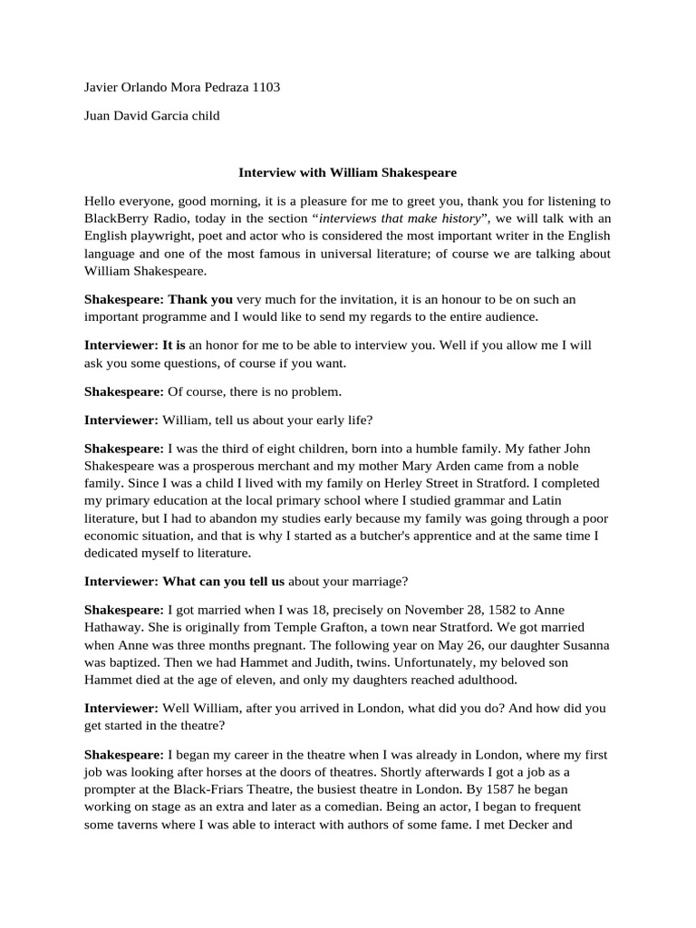 Interview Shakespeare | PDF | William Shakespeare | Characters In Romeo ...