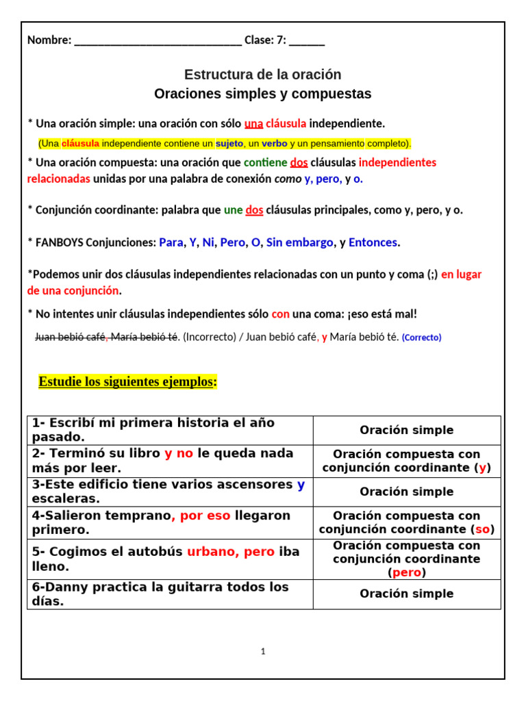 Gramática - Unidad 5 - Oraciones Simples y Compuestas | PDF | Oración ...