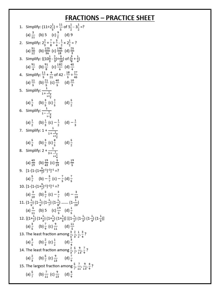 Fractions Practice Sheet 25Q | PDF | Arithmetic | Mathematics