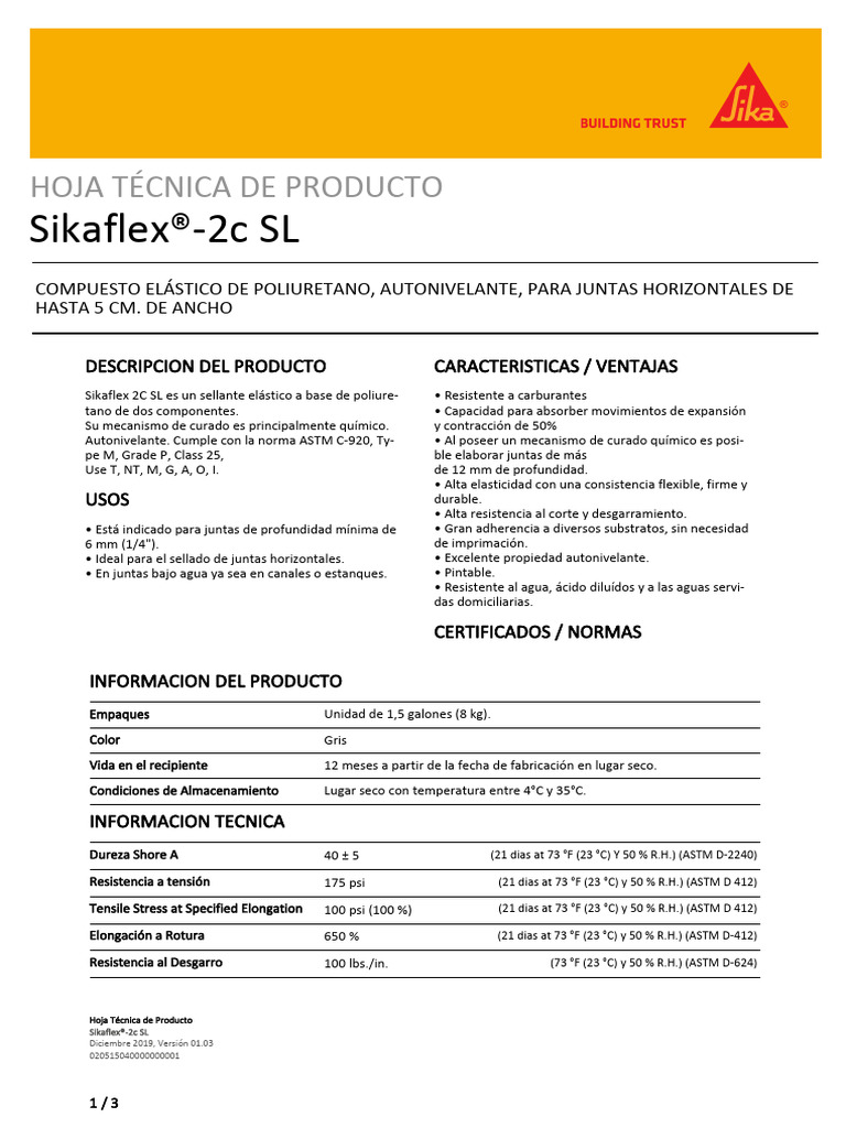 Sikaflex®-2c SL: Sellante Poliuretano | PDF | Agua