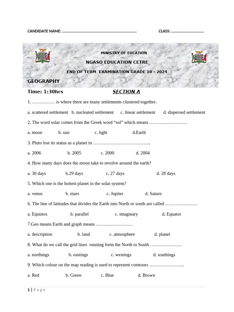 Grade 10 End of Term Geography Test 1 | PDF