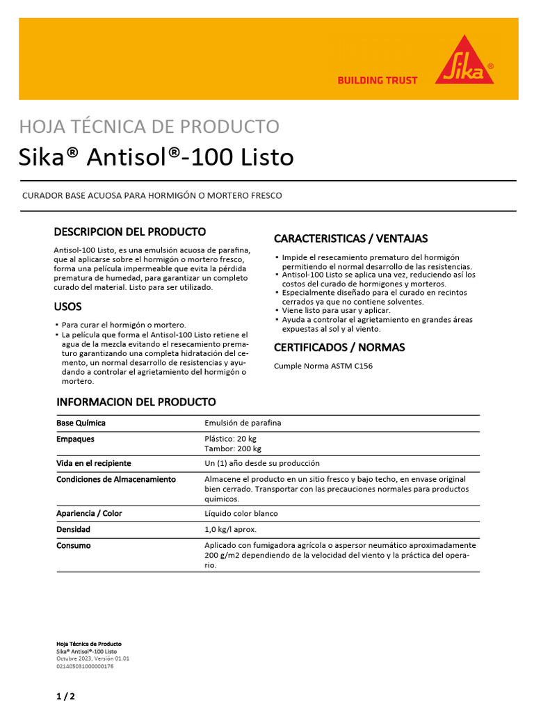 PDS Sika Antisol-100 Listo | PDF | Hormigón | Mortero (Albañilería)