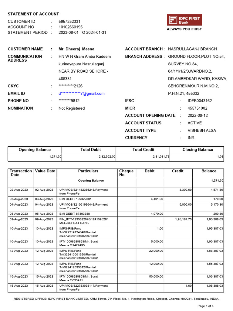 Account Statement: Aug 2023 - Jan 2024 | PDF | Automated Teller Machine ...