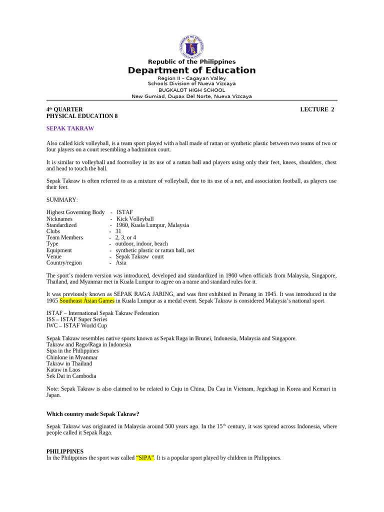 Sepak Takraw: Rules and History | PDF