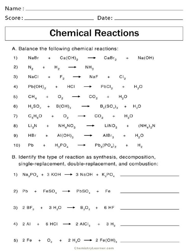 Chemical Reactions Worksheet | PDF