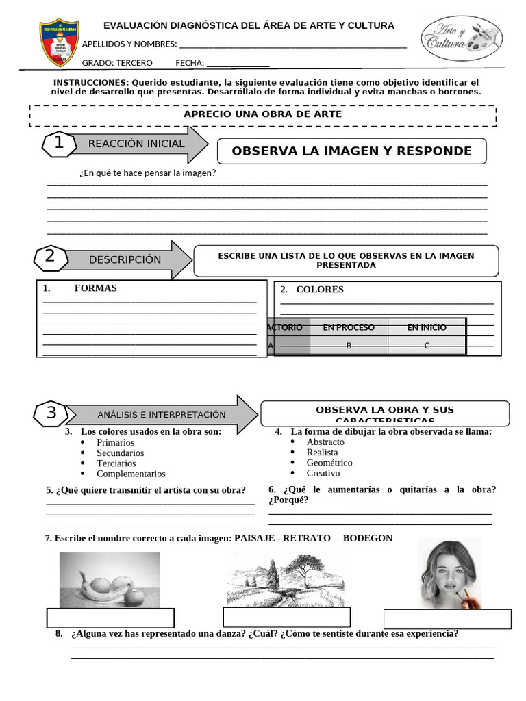 Evaluación de Arte y Cultura para Tercero | PDF | Las artes