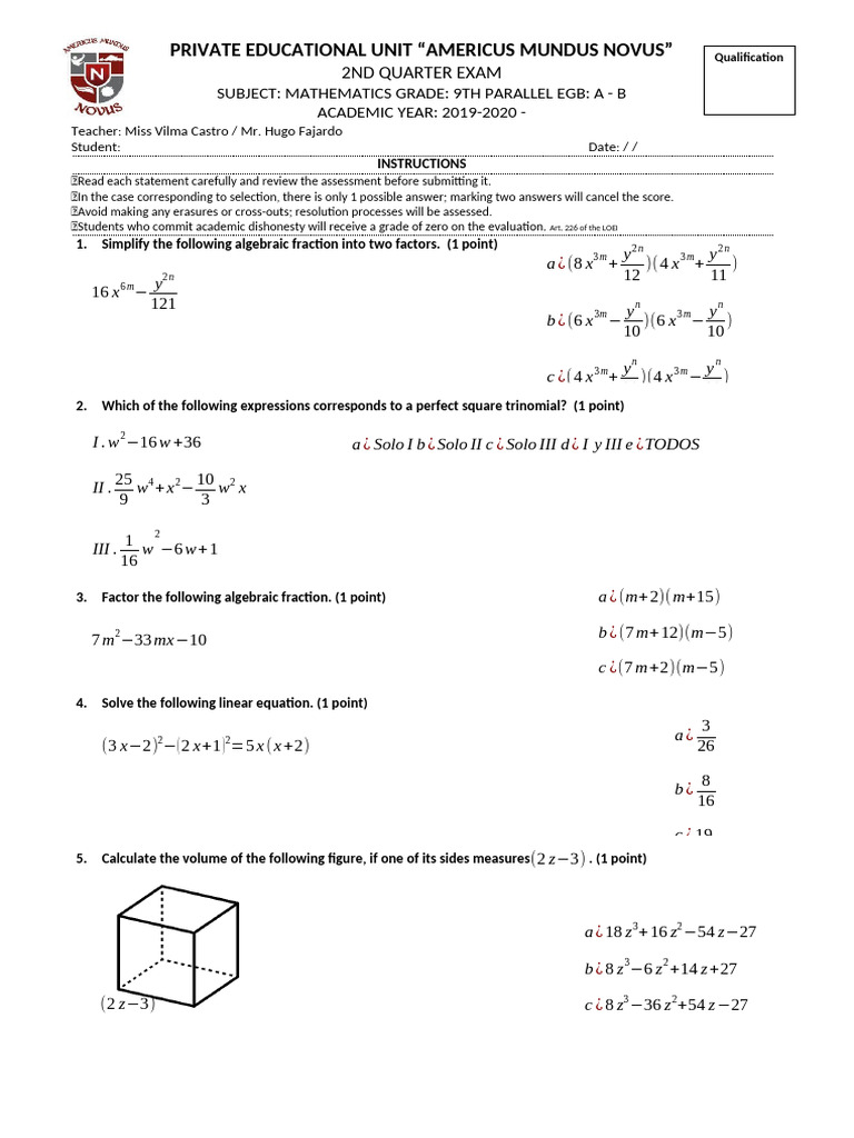 Examination of 9TH Grade Mathematics of The 2ND Term | PDF | Equations ...