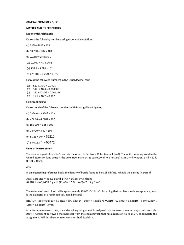 CHEMISTRY QUIZ | PDF | Significant Figures | Density