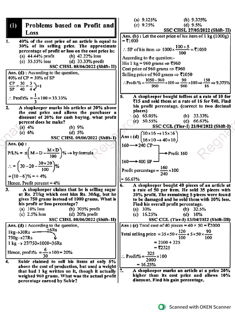 Profit & loss (pdf with soln.)209 Ques | PDF